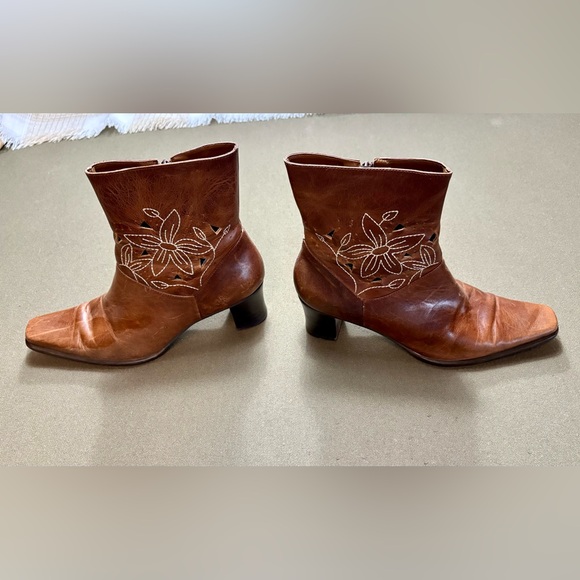 Shoes | Burnished Brown Leather Boots With Flower Stitching ...